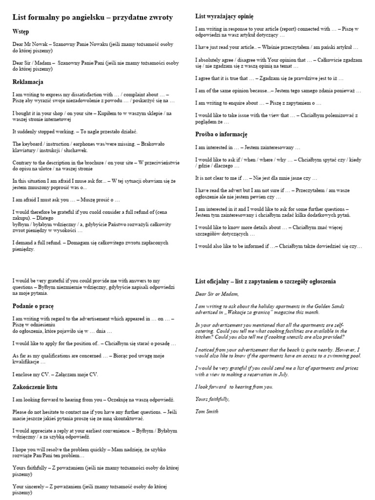 List Formalny Po Angielsku | PDF