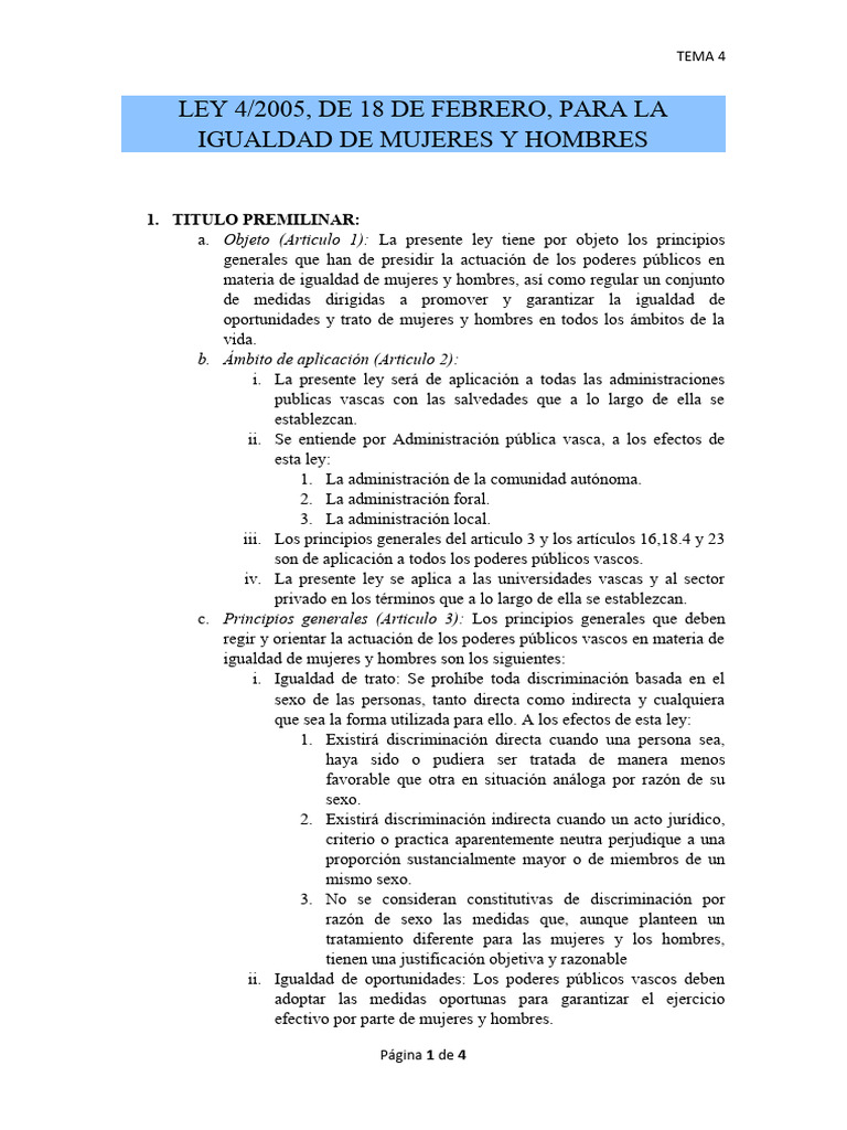 Tema 6. Ley 4-2005, de 18 de Febrero para La Igualdad de Mujeres y ...