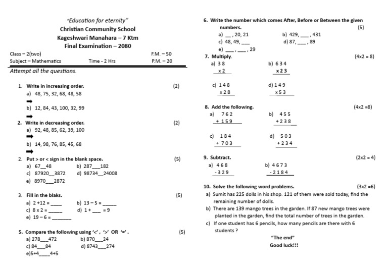 Grade 2 Mathematics Question | PDF