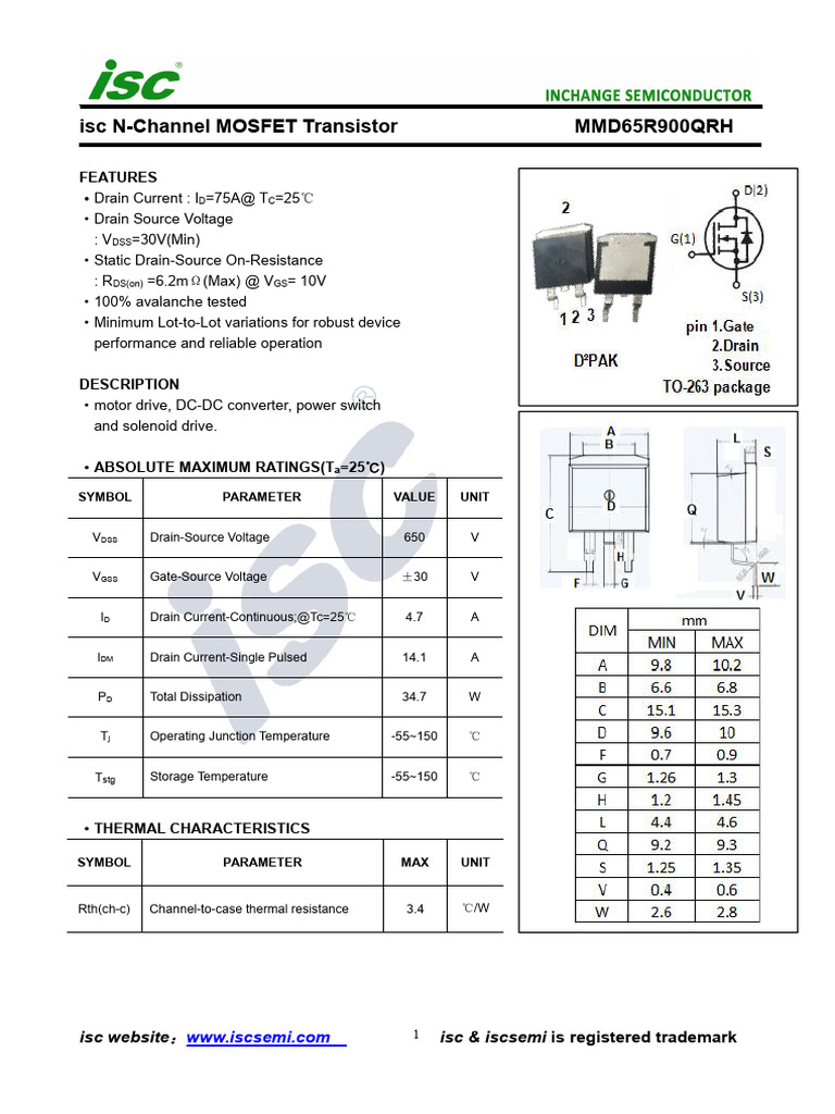 Isc N-Channel MOSFET Transistor MMD65R900QRH: Features | PDF ...