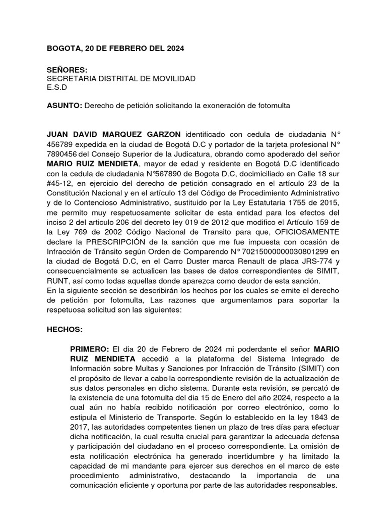 Solicitud de Exoneración de Fotomulta | PDF | Debido al proceso | Petición