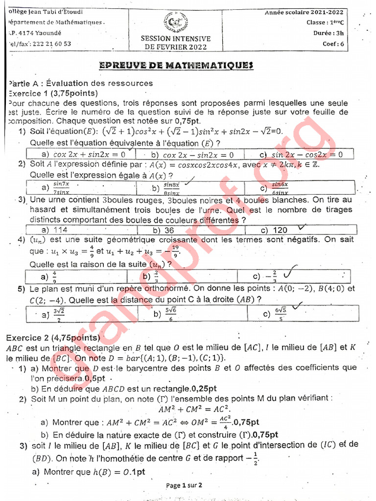 Maths 1ereC Probatoire Blanc College Jean Tabi Fevrier 2022 | PDF