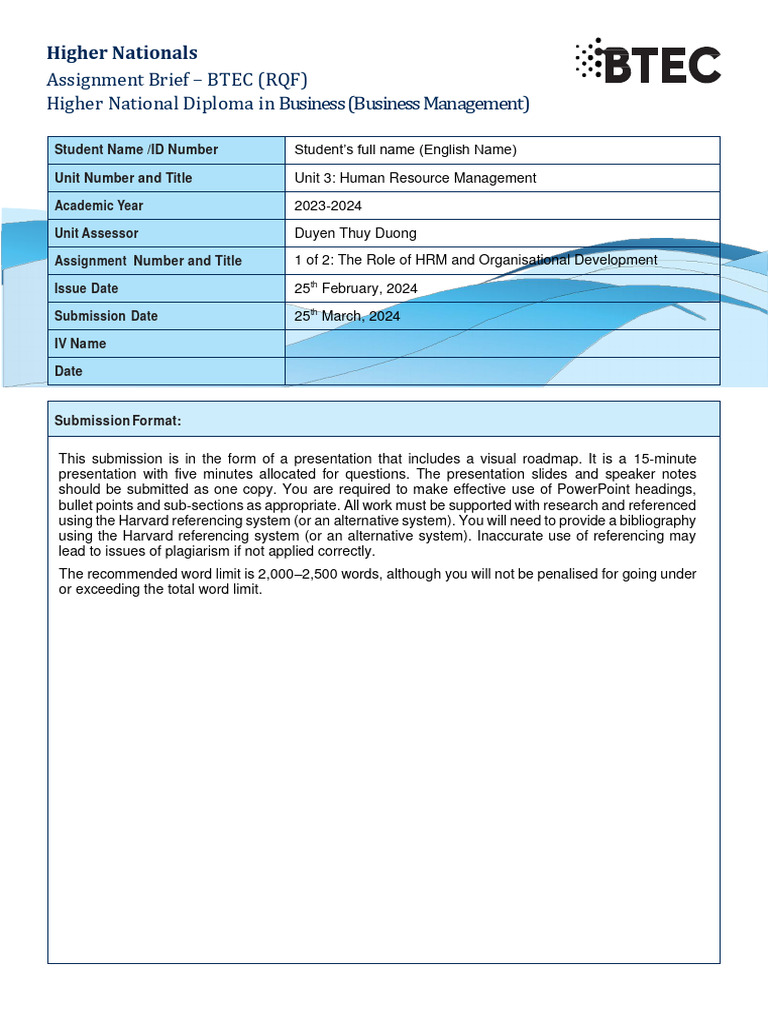 Assignment Brief - BTEC (RQF) Higher National Diploma in Business ...