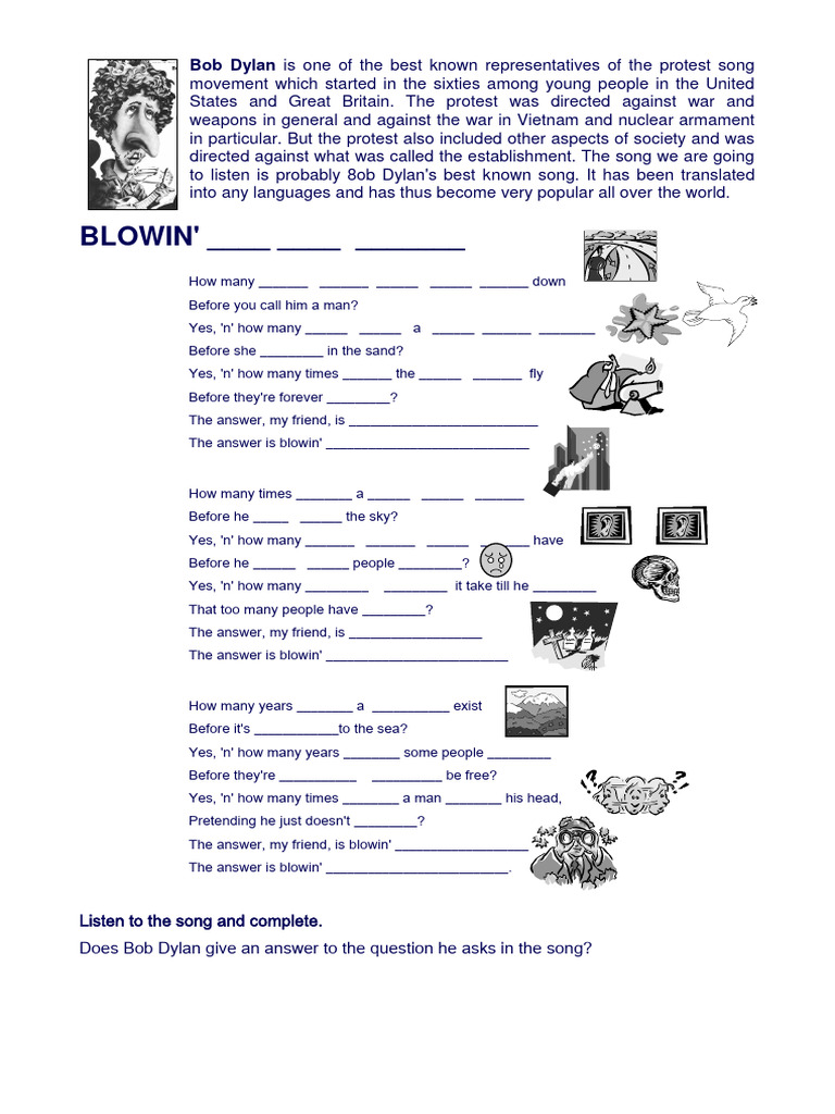 Blowing in The Wind Song Worksheet BOB DYLAN | PDF