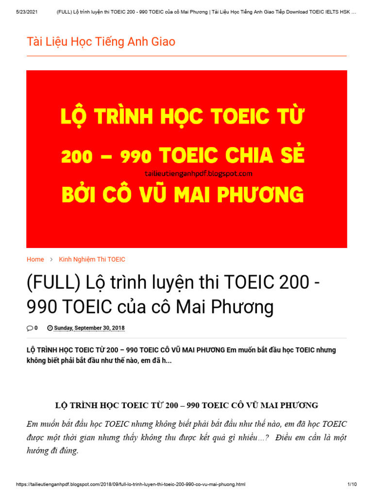 (FULL) Lộ trình luyện thi TOEIC 200 - 990 TOEIC của cô Mai Phương - Tài Liệu Học Tiếng Anh Giao ...