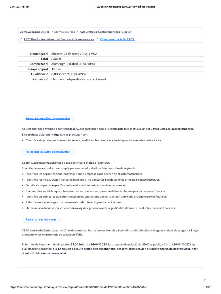 Qüestionari Pràctic EAC2 - Revisió de L'intent | PDF