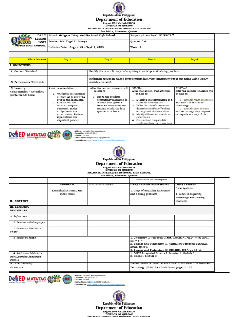 DLL Science 7, Q1W1 | PDF | Learning | Science