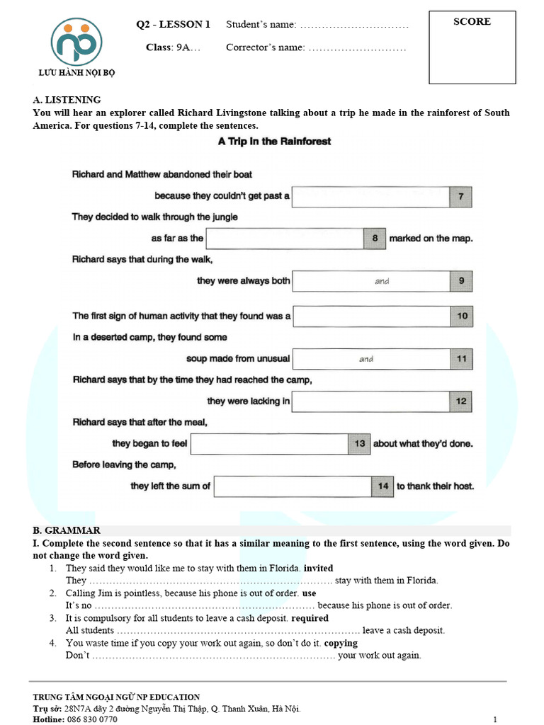 Q2 - Lesson 1 Score Class: 9A : Student's Name: Corrector's Name | PDF
