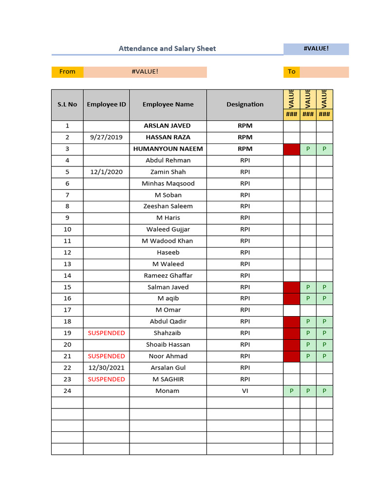 Attendance Sheet With Salary Famula | PDF