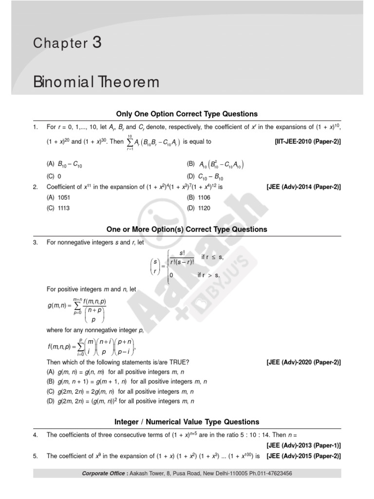 M Ch 03 Binomial Theorem Pdf Mathematical Logic Combinatorics 