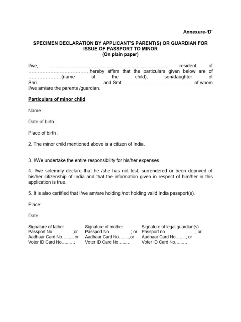 Minor Passport Declaration Form | PDF