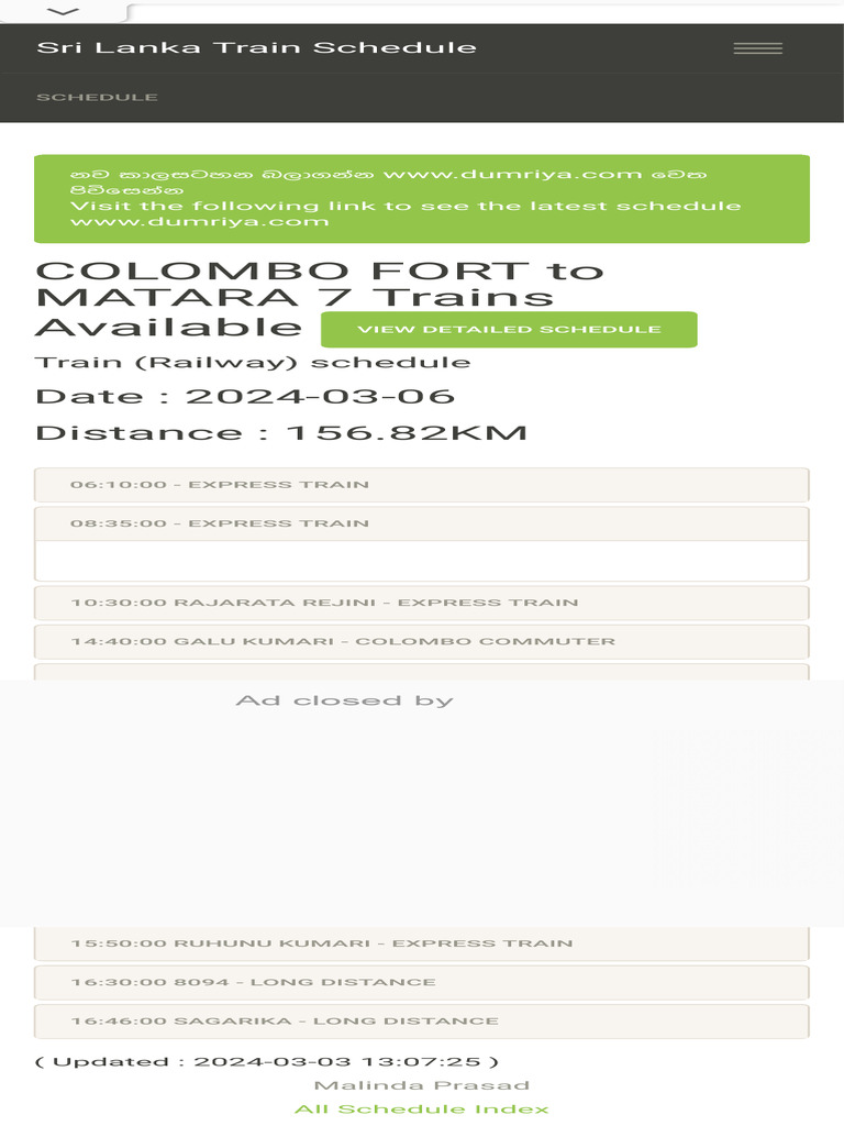 COLOMBO FORT To MATARA Sri Lanka TrainRailway Schedule 2 | PDF