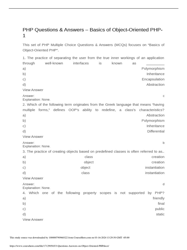 Questions Answers On Object Oriented Php Pdf Class Computer Programming Object Oriented