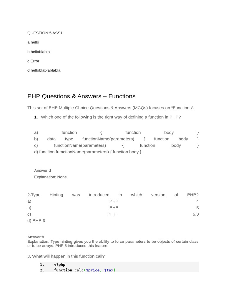 PHP Functions and Arrays MCQs | PDF | Parameter (Computer Programming) | Php