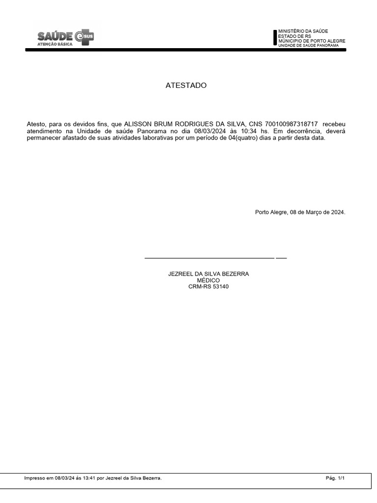 Atestado Médico - Afastamento de 4 Dias | PDF