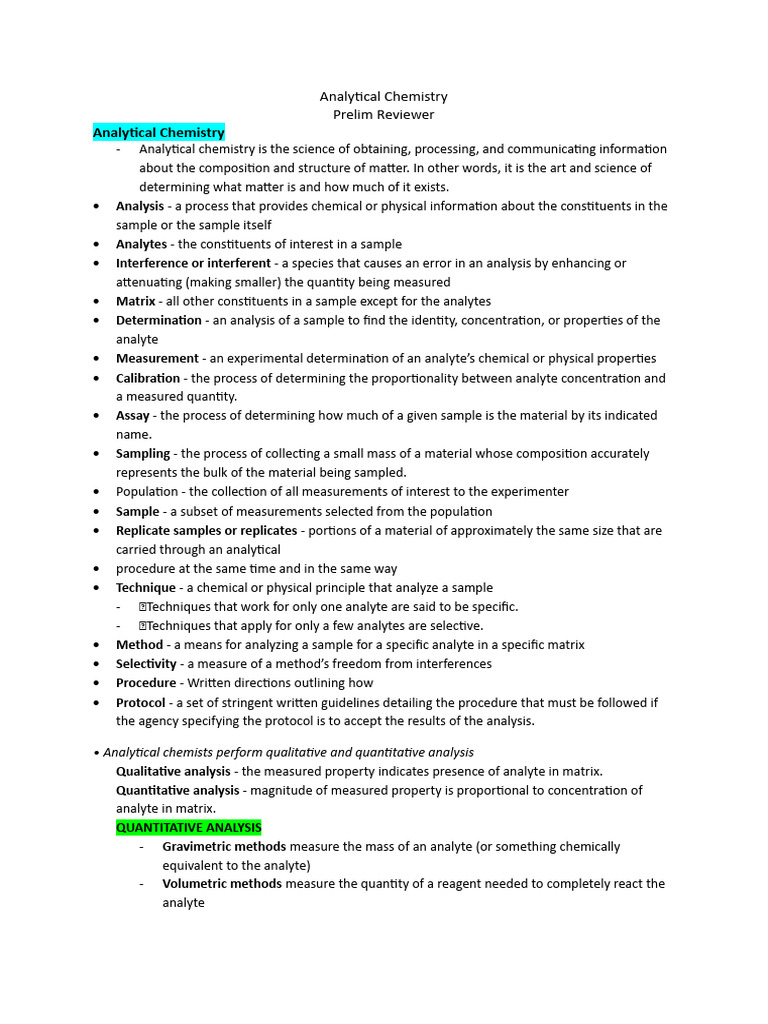 Analytical Chemistry Prelim Reviewer | PDF | Acid | Mole (Unit)