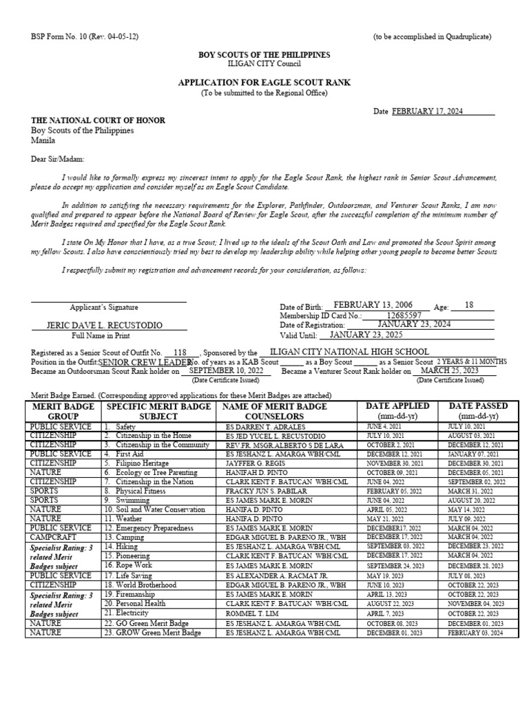 Eagle Scout Rank Application Form | PDF | Patriotic And National Organizations Chartered | Scouting