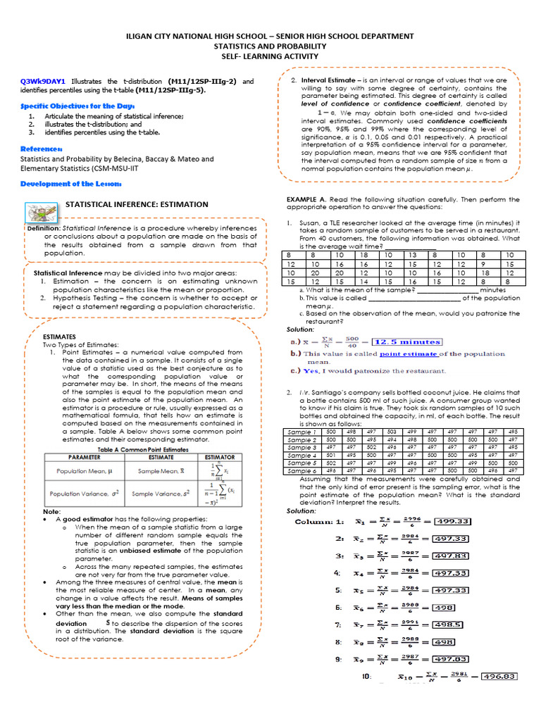 Acas Stat Prob SLA Q3 Week 9 Day 1 | PDF | Estimator | Standard Deviation