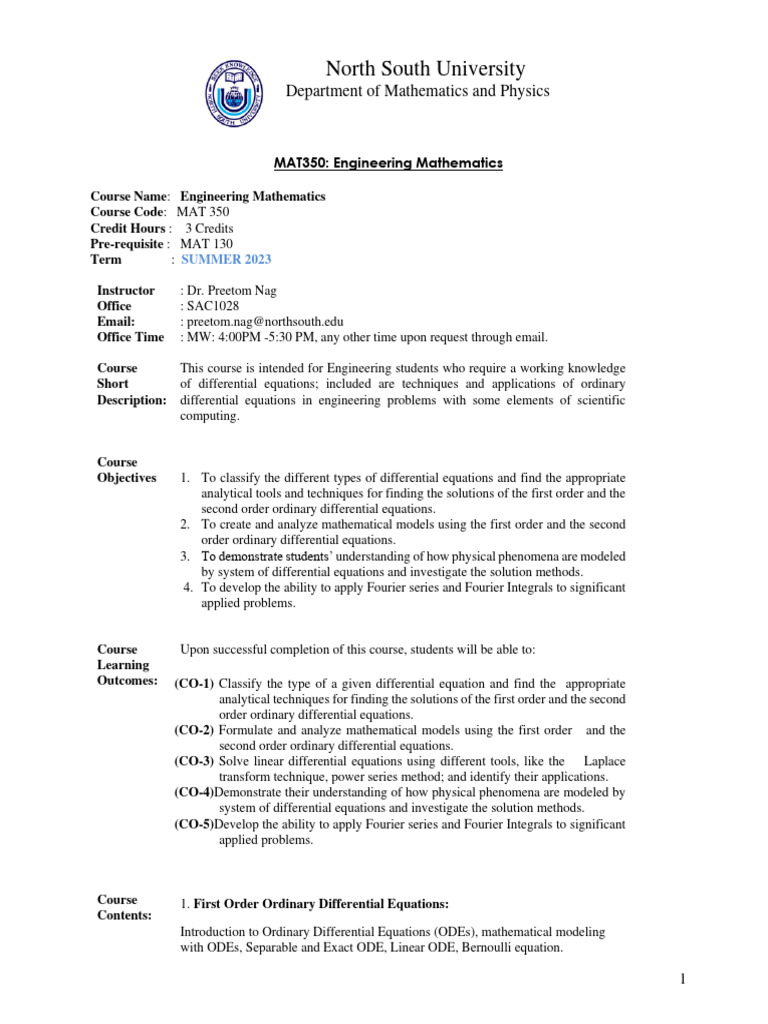 Engineering Mathematics Course MAT350 | PDF