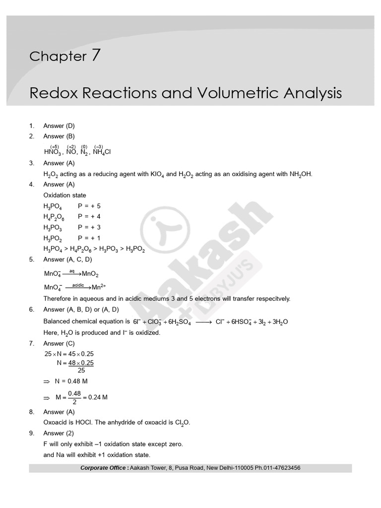 C - Sol - Ch-07 - Redox Reactions and Volumetric Analysis | PDF | Redox | Titration