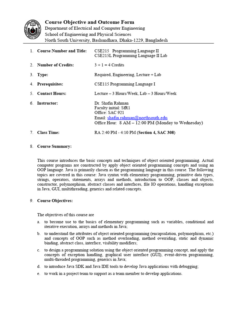 CSE 215 Course Objective and Outcome | PDF | Method (Computer Programming) | Object Oriented ...