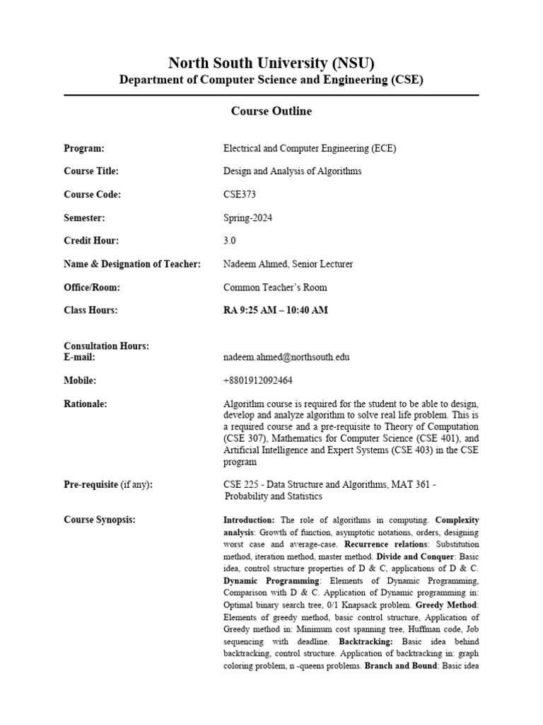CSE373 Algorithms Course Outline | PDF | Engineering | Knowledge CSE373 Algorithms Course Outline | PDF | Engineering | Knowledge