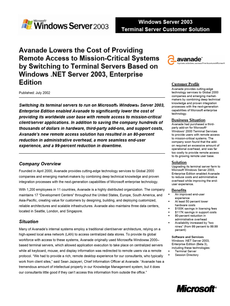 Avanade - Windows Server 2003 Case Study | PDF | Remote Desktop Services | System Software