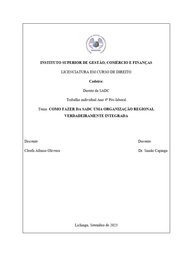 Cleofa Trabalho setembro 2023 D da SADC | PDF | Tratado | Economia