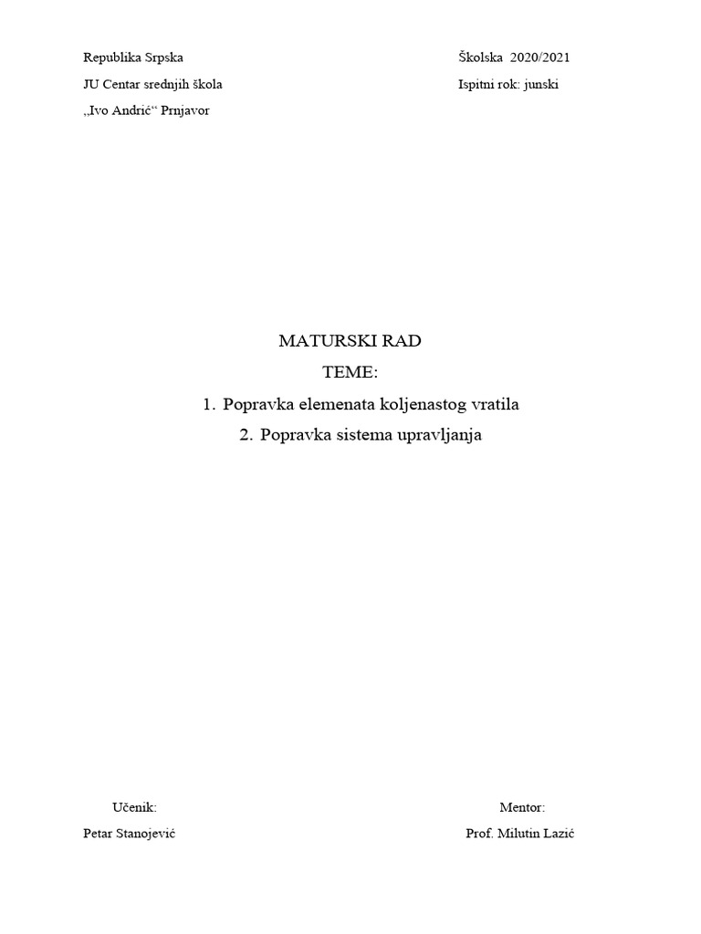 Koljenasto Vratilo Maturski Rad 1 | PDF