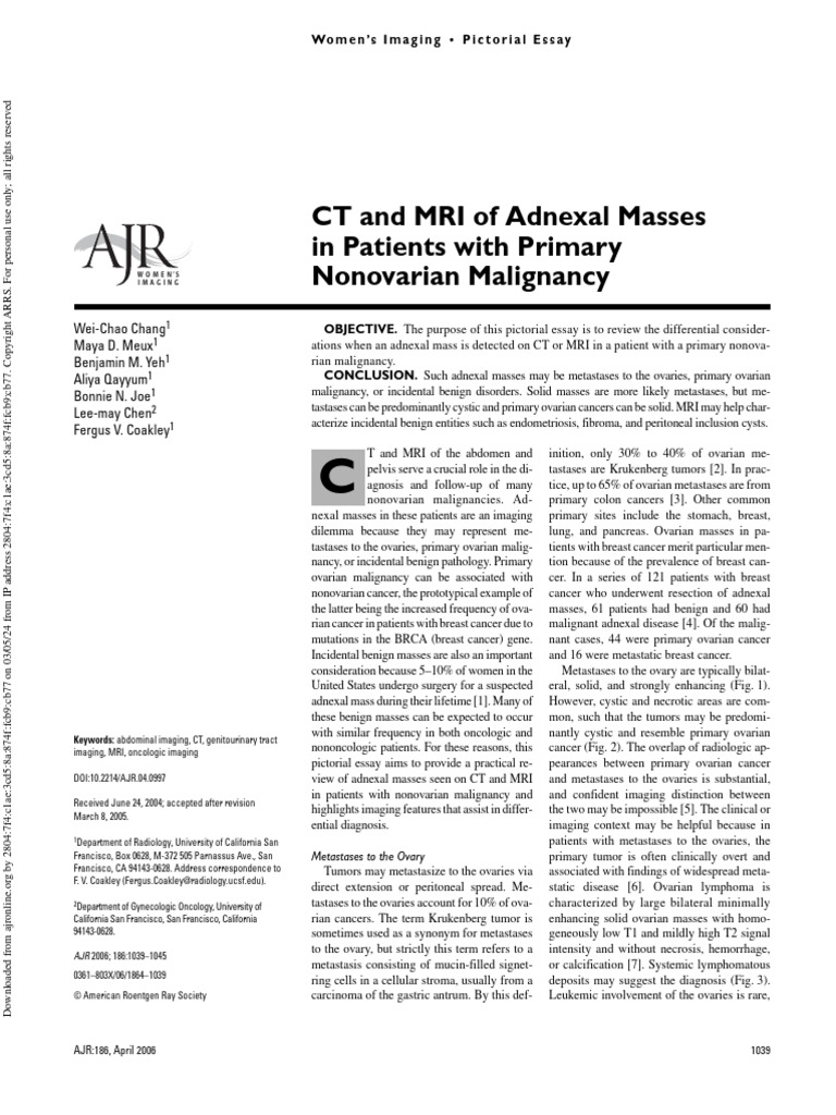 2b. CT and MRI of Adnexal Masses in Patients With Primary Nonovarian ...