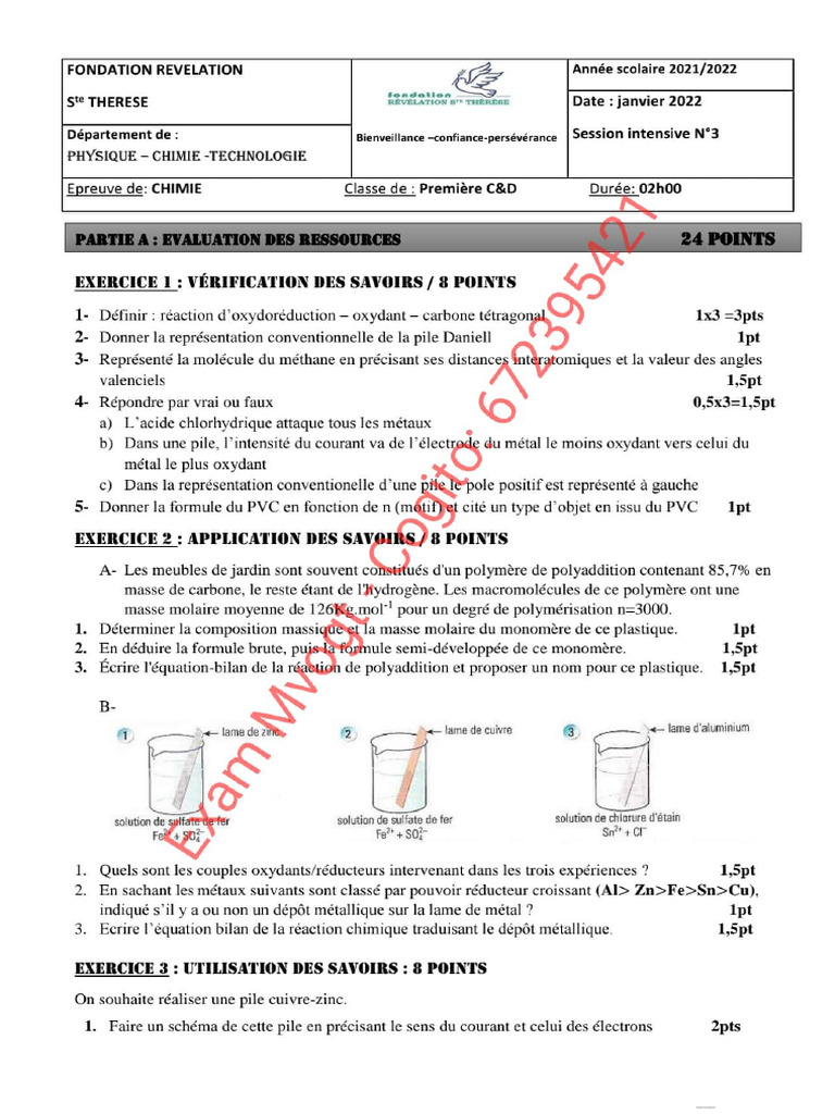 Epreuve-de-Chimie-Premiere-C-D-Janvier-2022 | PDF