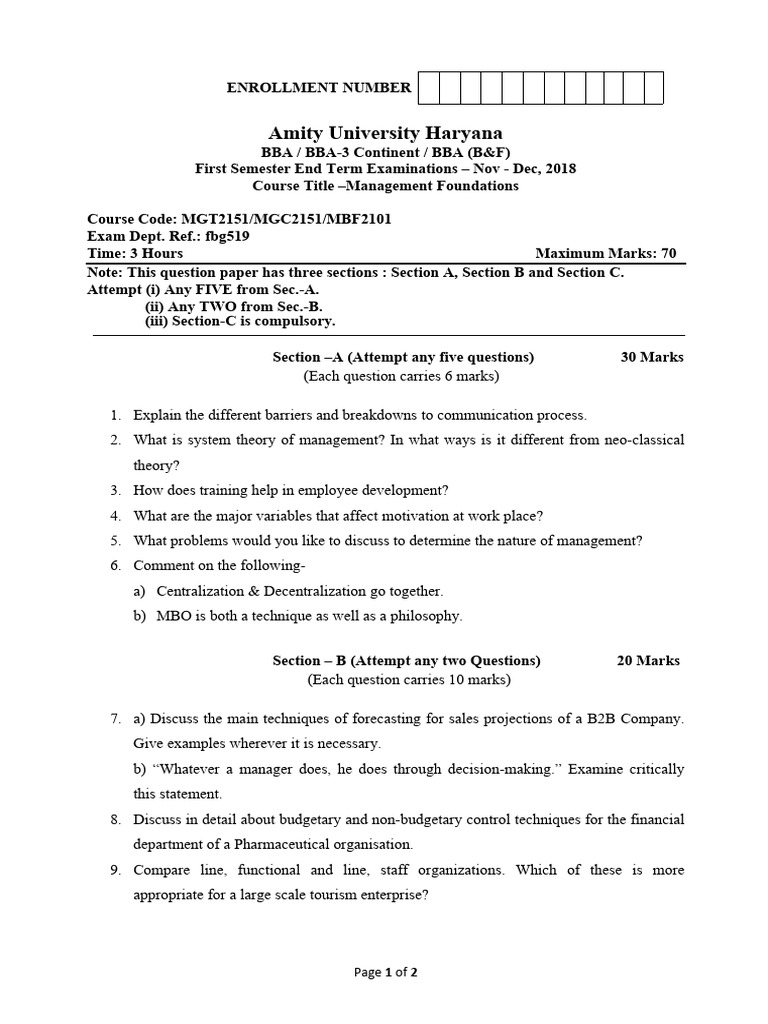 BBA (B&F) Sem-I Management Foundations - Out | PDF