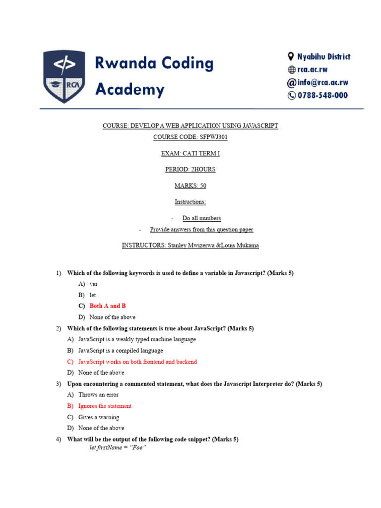 End of Term One Js Exam - Marking Guide | PDF | Java Script | Computer Programming