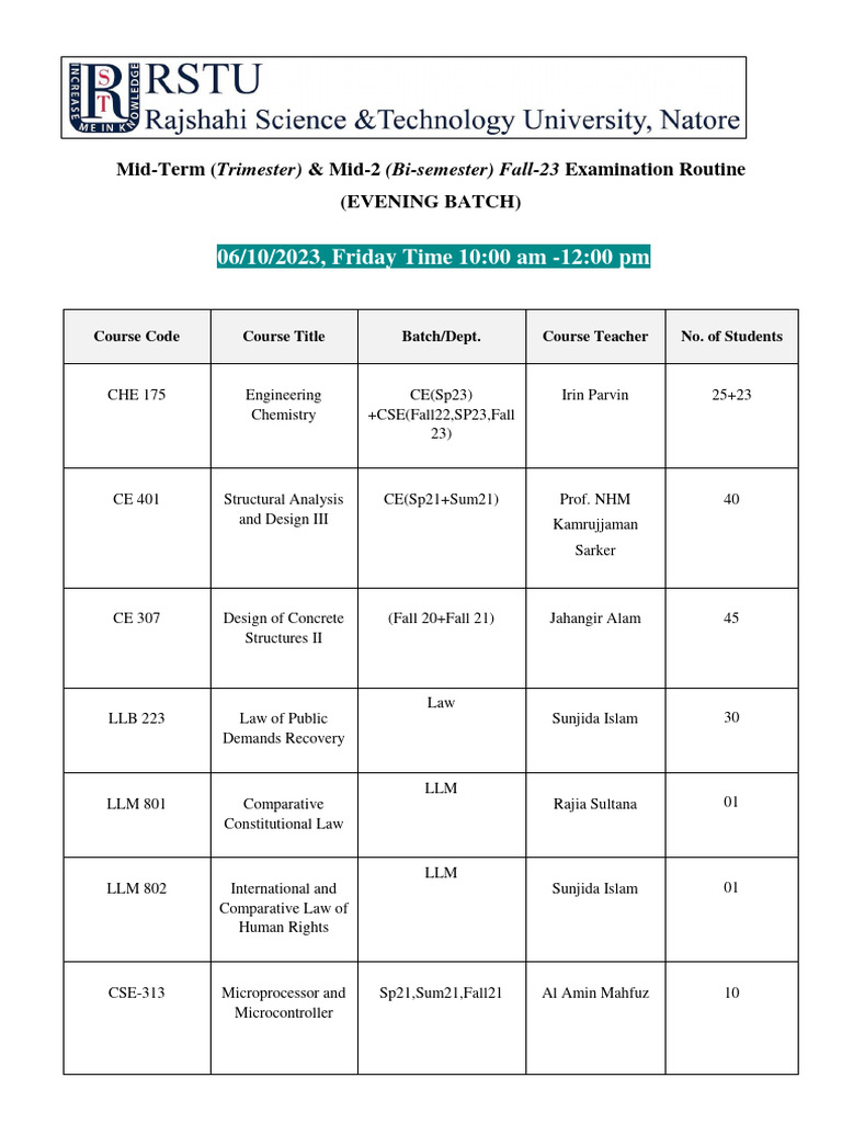 Mid Term Trimester Mid 2 Bi Semester Fall 23 Examination Routine EVE | PDF | Electrical ...