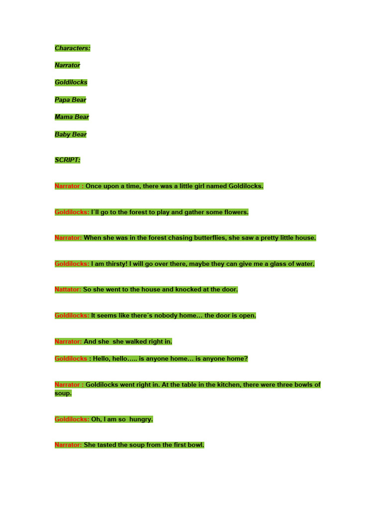 Goldilocks and the Three Bears Script | PDF | Goldilocks And The Three ...