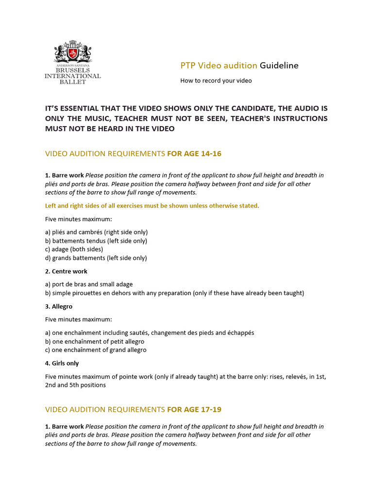 PTP Video Audition Guidelines for Dancers | PDF | Rhythm And Meter ...