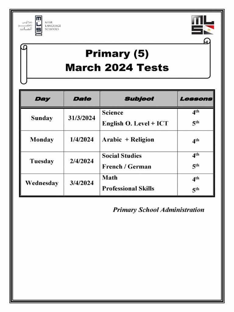 Primary 5 Monthly Tests March 2024 Lessons | PDF