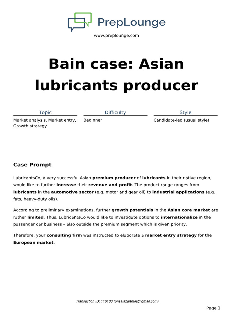 Case - Bain Case - Asian Lubricants Producer | PDF | Marketing | Brand