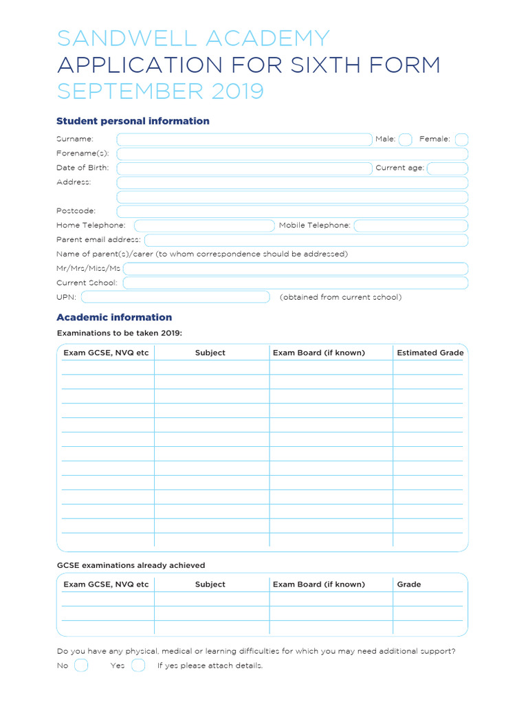Sandwell Academy Sixth Form Application 2019 | PDF