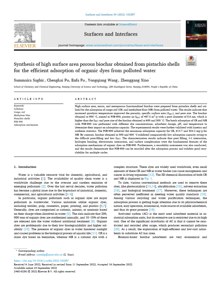 Synthesis of High Surface Area Porous Biochar Obtained From Pistachio ...
