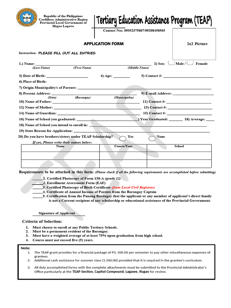 TEAP Application Form For First Years | PDF | Educational Stages