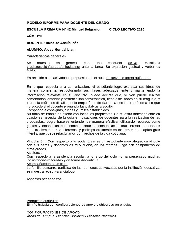 Modelo Informe para Docente Del Grado | PDF | Maestros | Salón de clases