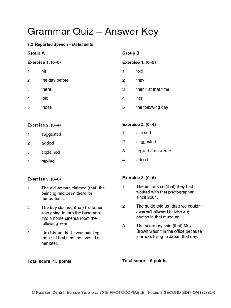 Focus3 2E Grammar Quiz Unit7.2 GroupA&B ANSWERS | PDF