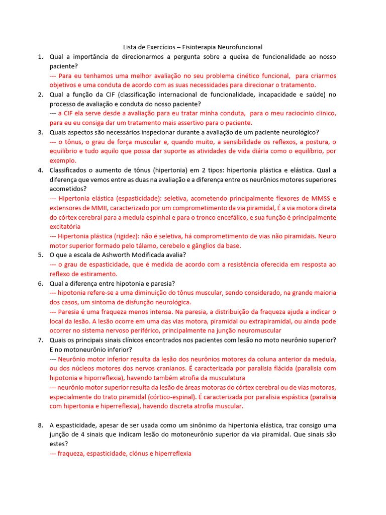 Lista de Exerc Cios - Fisio. Neurof. - AV1 | PDF