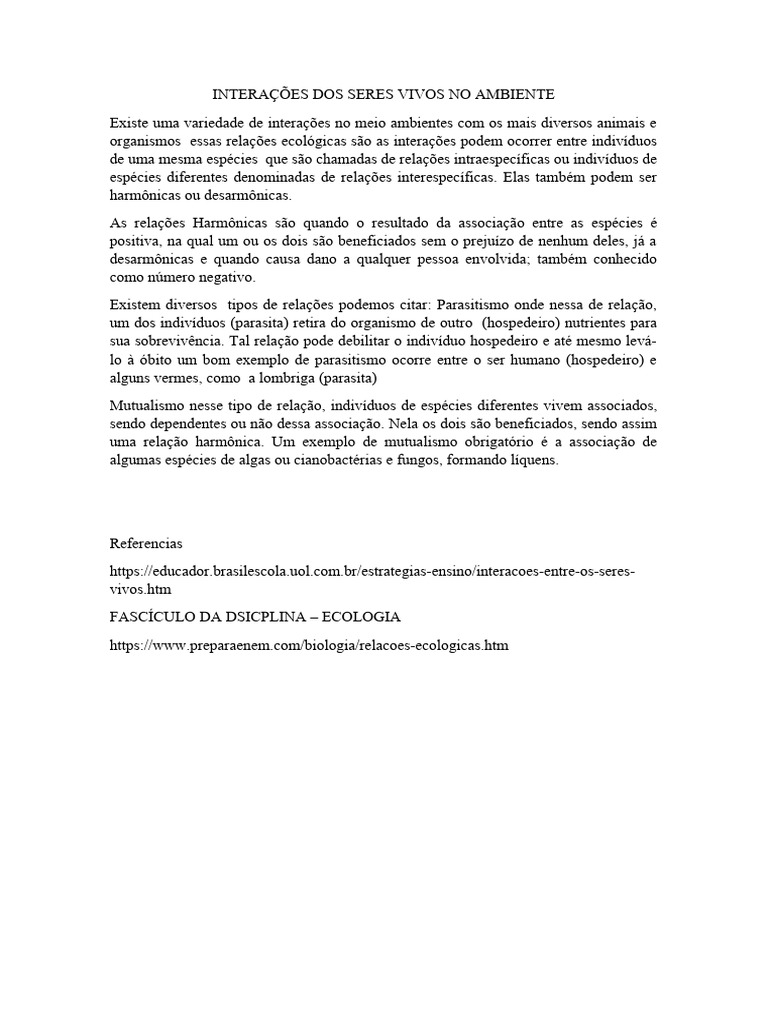 Interações Ecológicas entre Seres Vivos | PDF