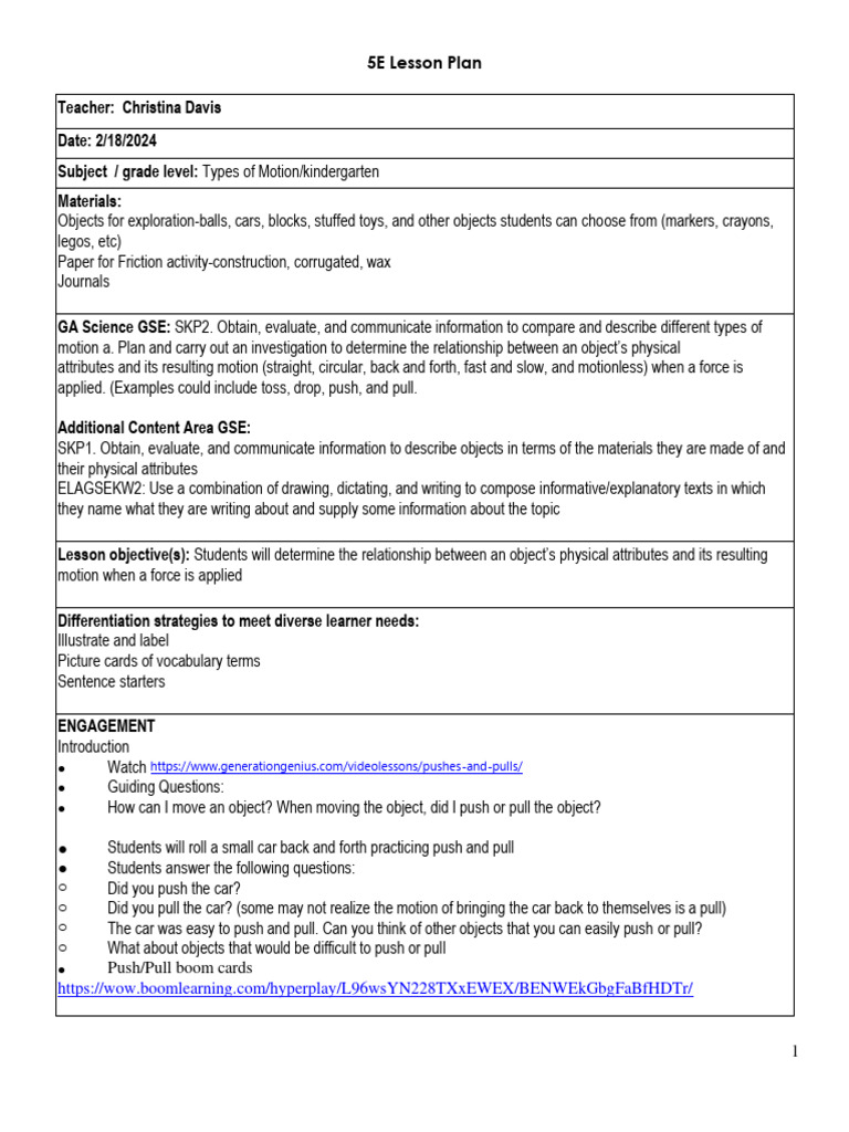 Kindergarten Forces and Motion Lesson | PDF | Lesson Plan | Force