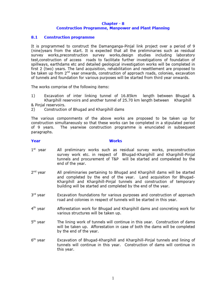 Chapter - 8 Construction Programme, Manpower and Plant Planning 8.1 ...
