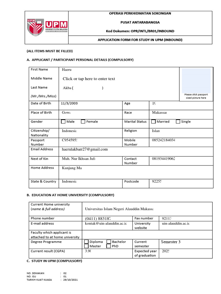 (REV 22-10-2021) BR01 Application Form For Study in UPM (Inbound) | PDF