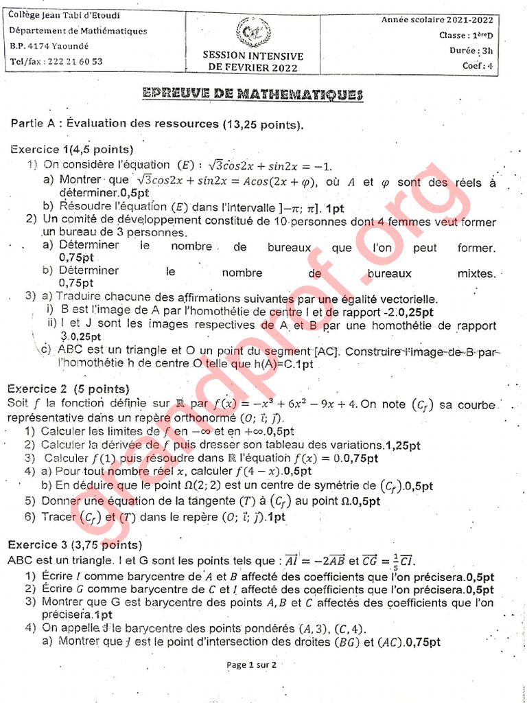 Maths 1ered Probatoire Blanc College Jean Tabi Fevrier 2022 | PDF