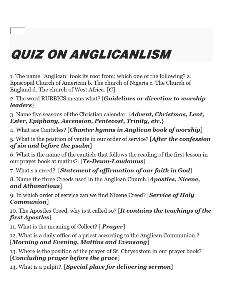 anglicanism questions | PDF | Eucharist | Bishop